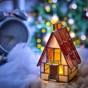 Stained Glass Cottage Candle Holder – Cozy Winter House Décor With Red ...