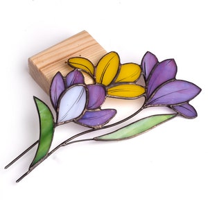 Crocus Flower Stained Glass Desk Standing Decor on Wooden Platform - Etsy