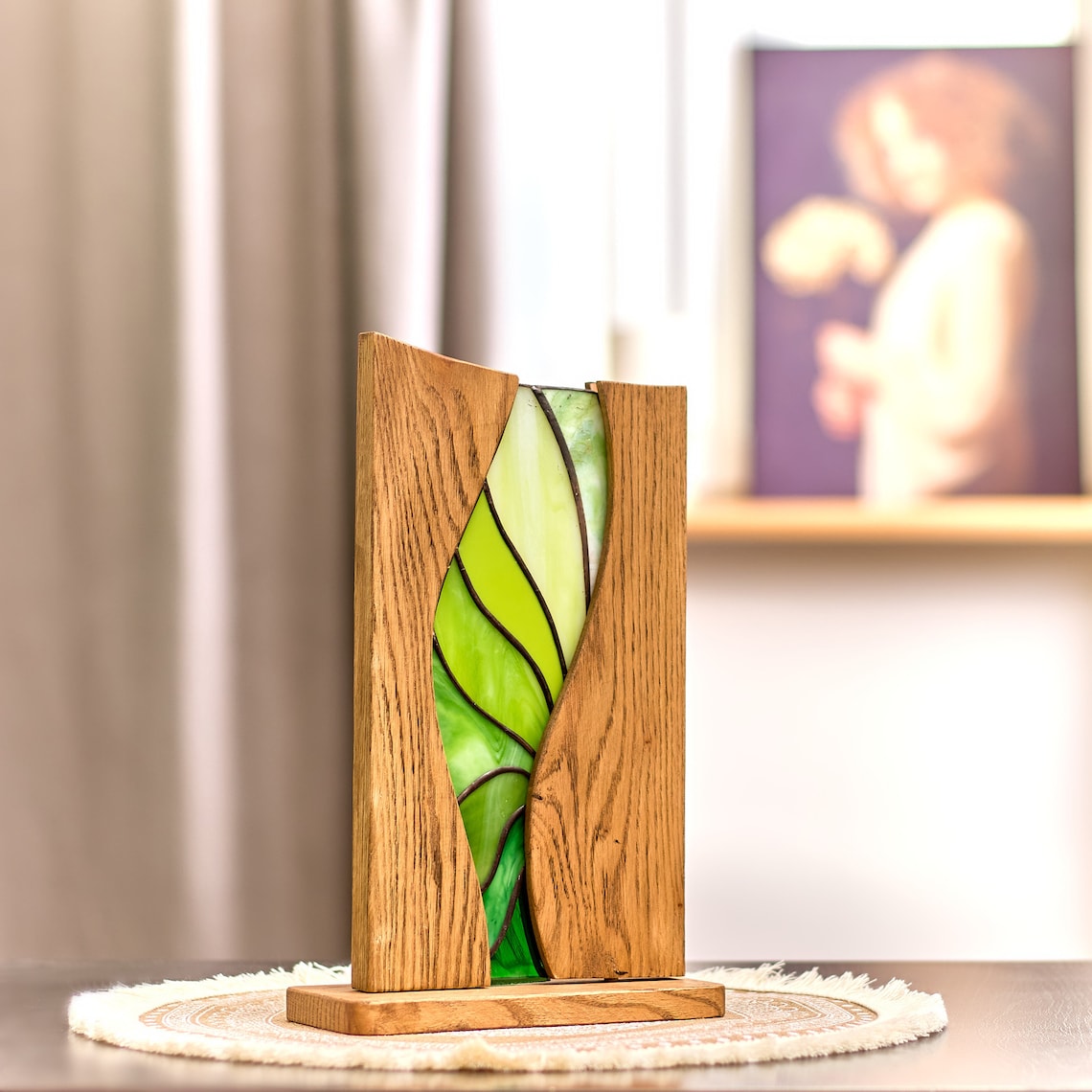 Organic Flow Stained Glass & Wood Decor Piece - Glass Sculpture for ...