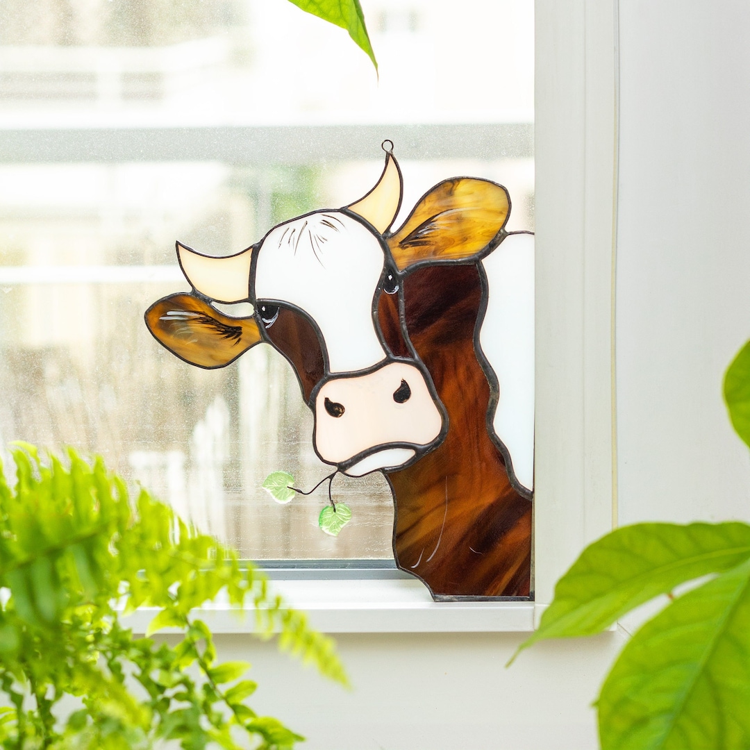 Whimsical Stained Glass Cow Window Corner Decoration Unique and Fun ...