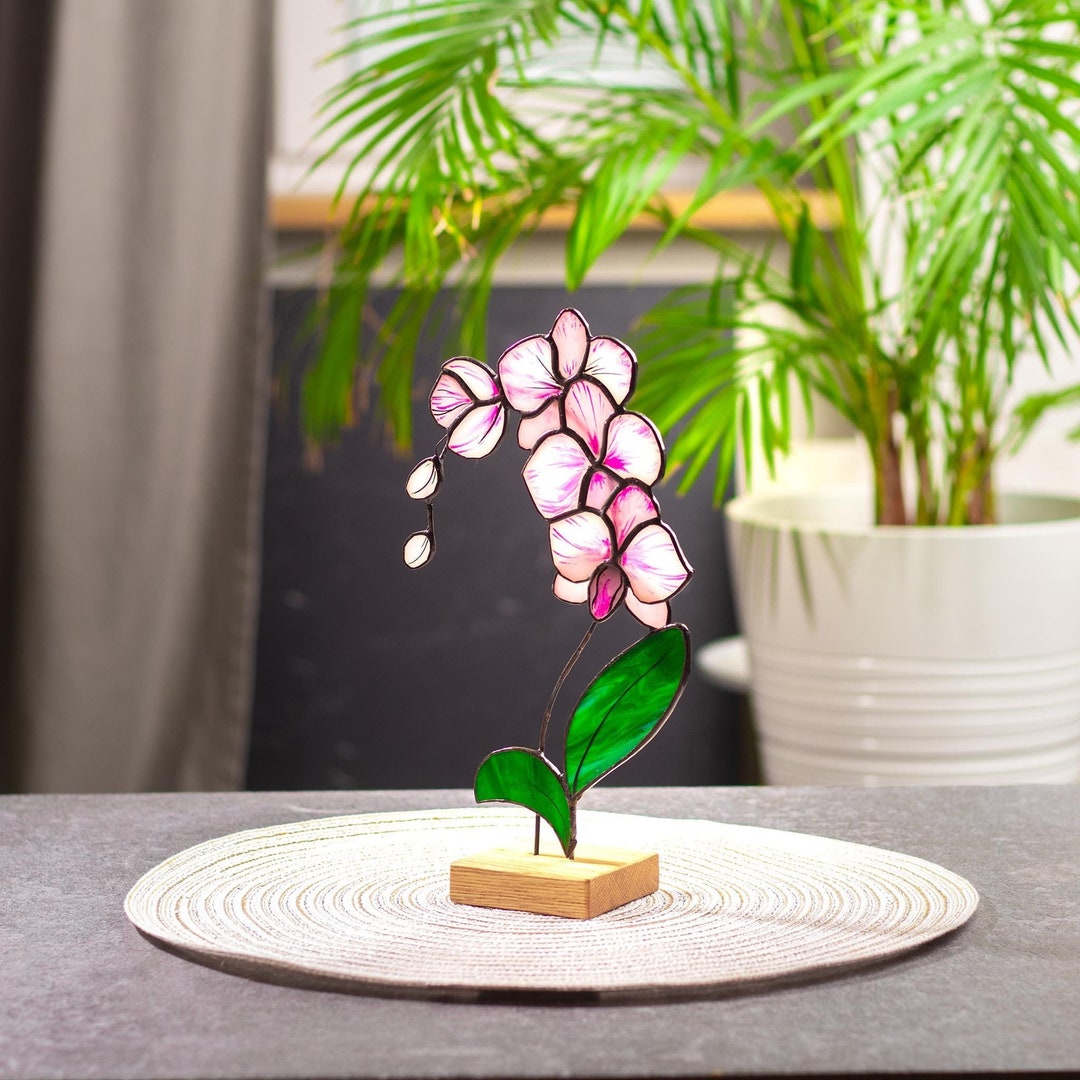 Stained Glass Pink Orchid – Unique Floral Design on Wooden Base ...
