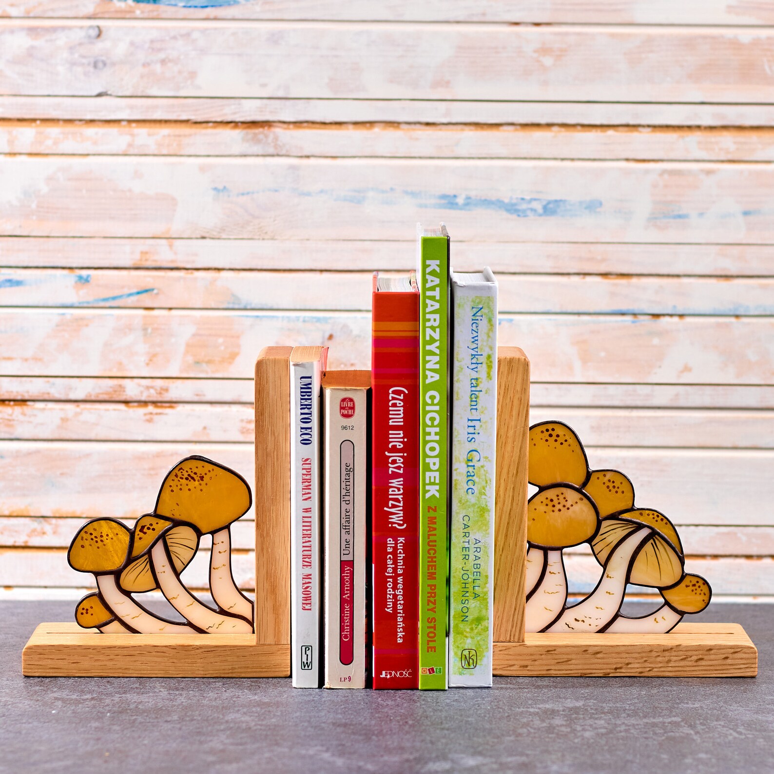 Honey Mushroom Stained Glass Bookends, Woodland Cottagecore Bookshelf ...
