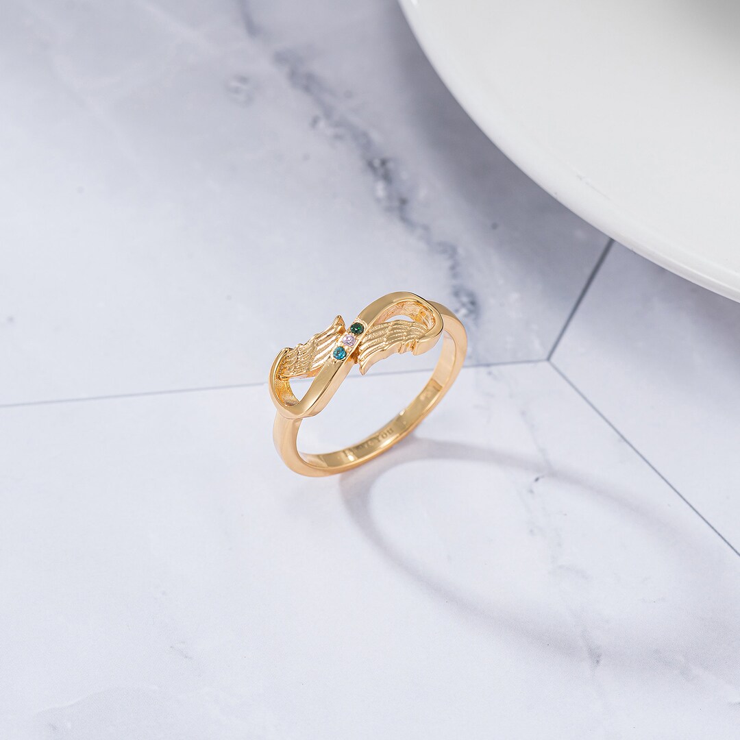Custom Angels Wing Rings With 3 Birthstones, Personalized Infinity ...