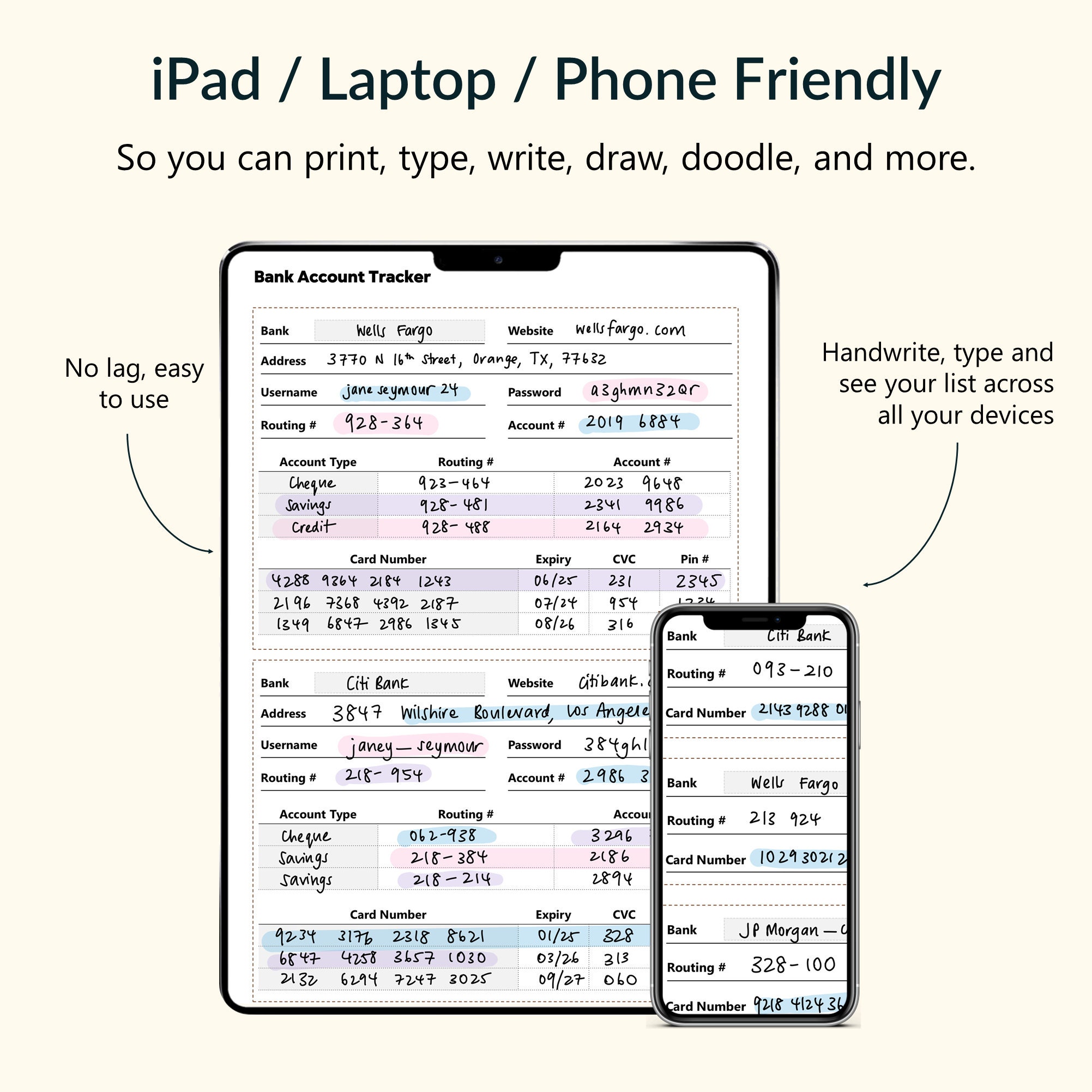 Printable Bank Account Information Tracker Credit Card Info | Etsy