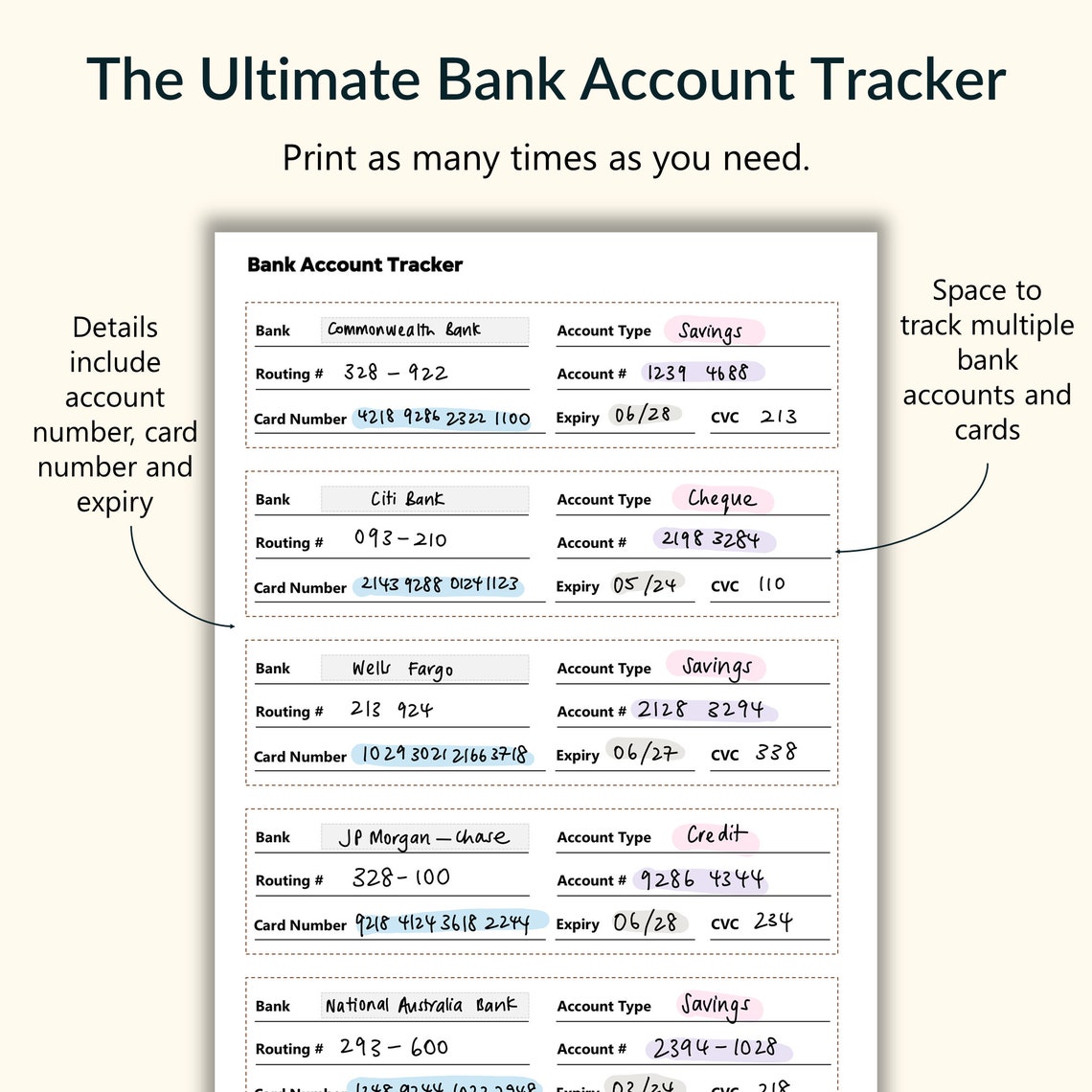 Printable Bank Account Information Tracker Credit Card Info | Etsy