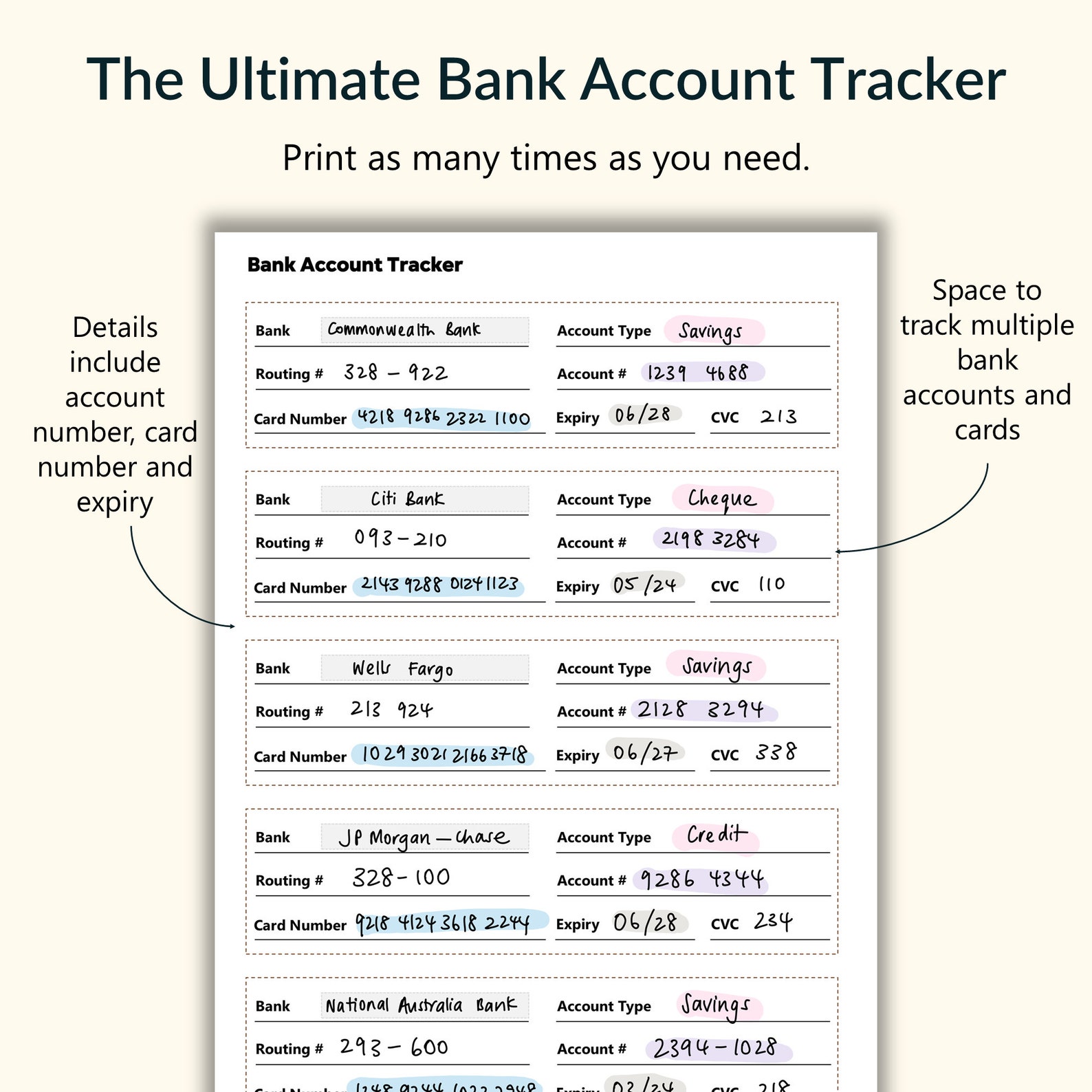 Printable Bank Account Information Tracker Credit Card Info | Etsy