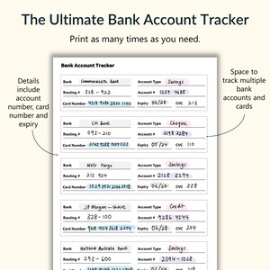 Printable Bank Account Information Tracker Credit Card Info - Etsy ...