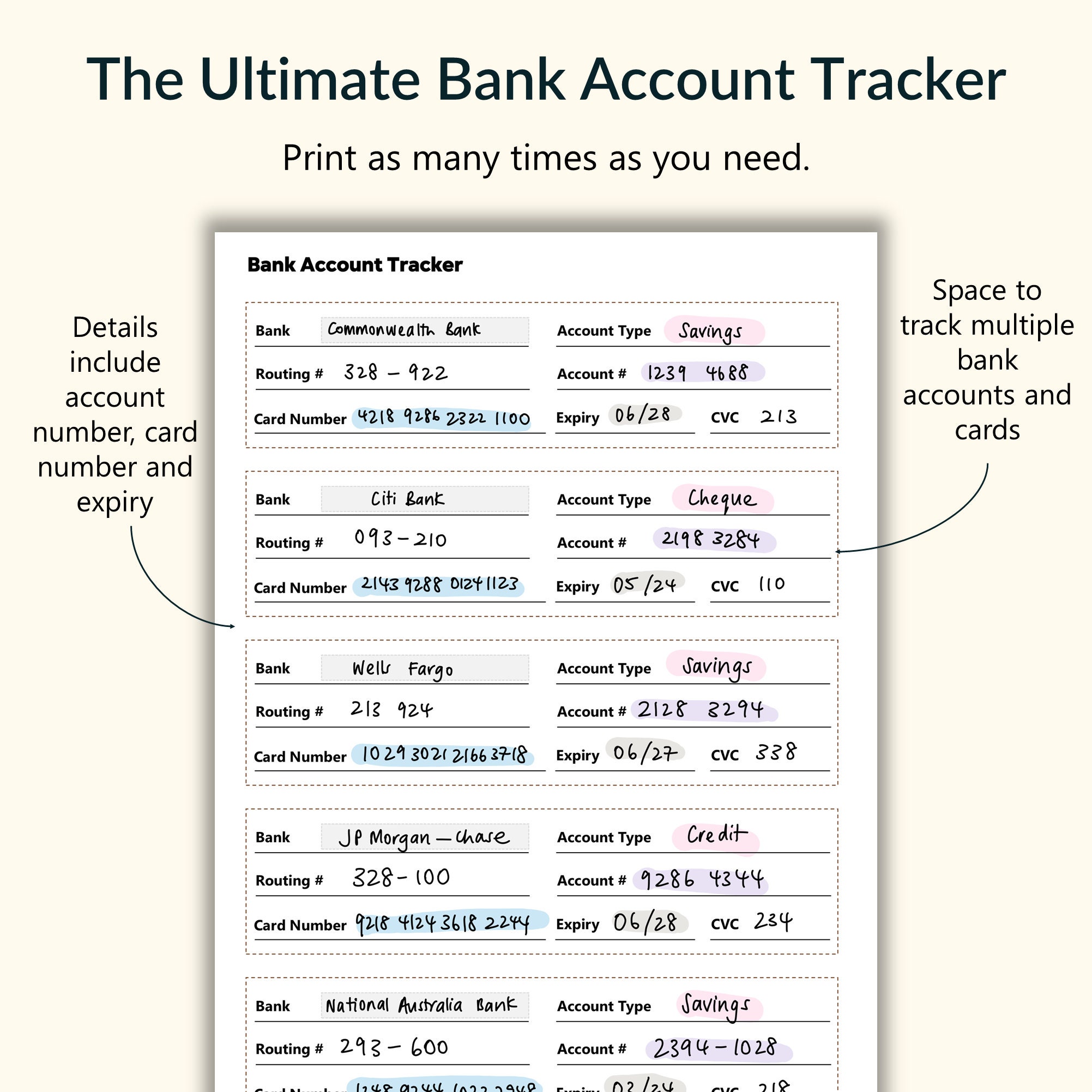 Printable Bank Account Information Tracker Credit Card Info | Etsy