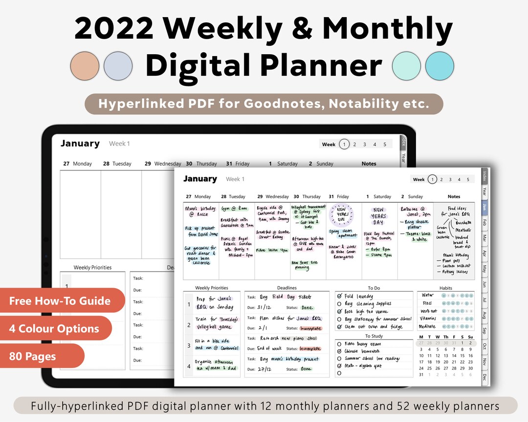 2022 Weekly Monthly Yearly Digital Planner Notes Templates - Etsy