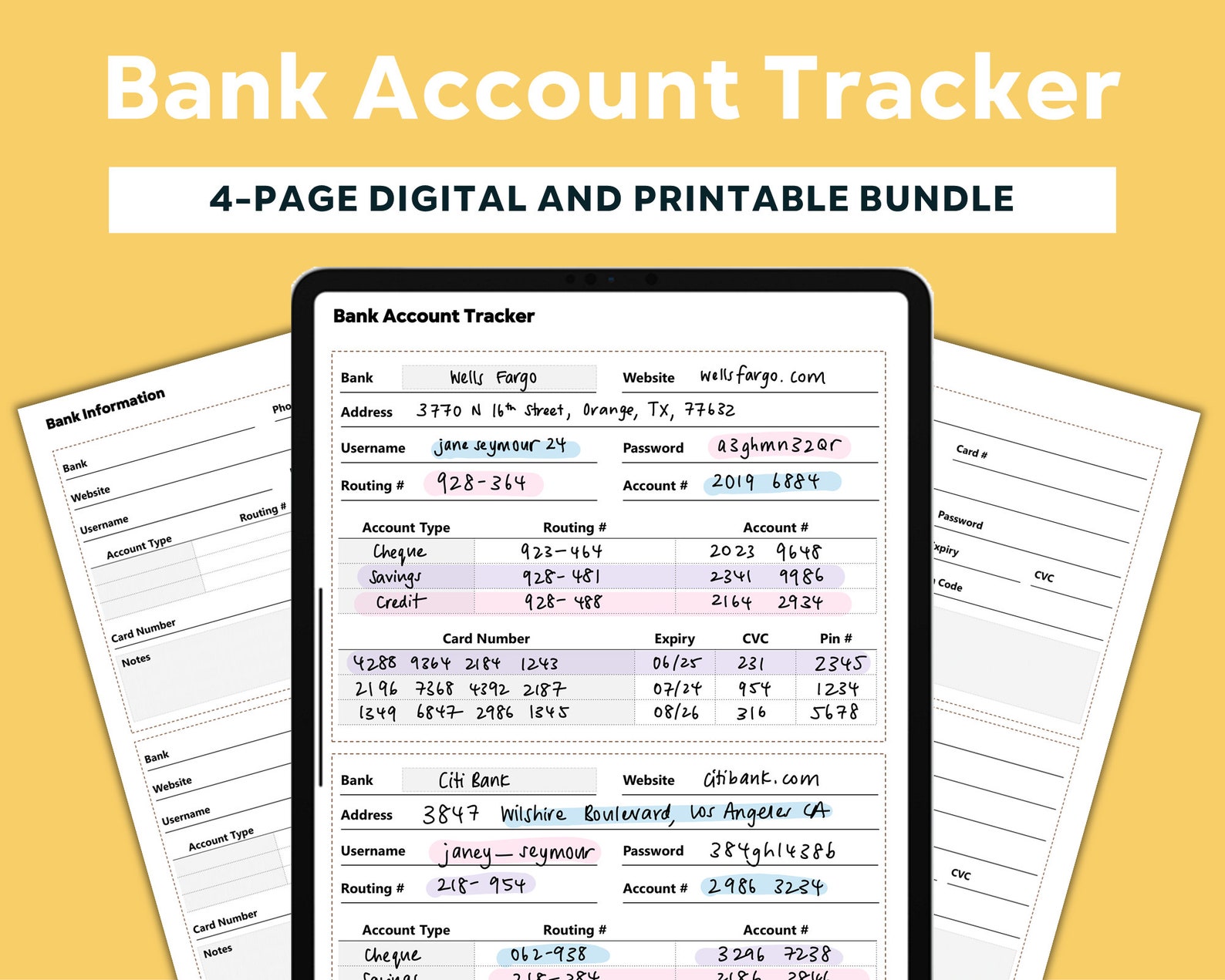 Printable Bank Account Information Tracker Credit Card Info | Etsy