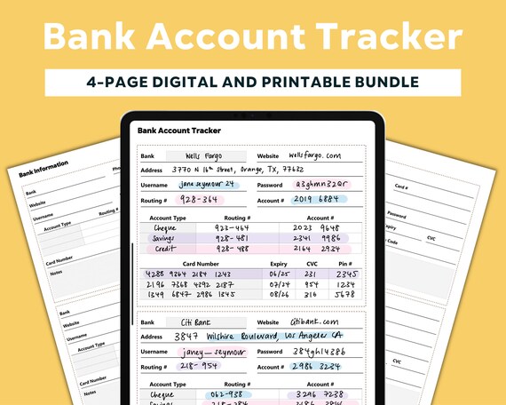 Printable Bank Account Information Tracker Credit Card Info | Etsy