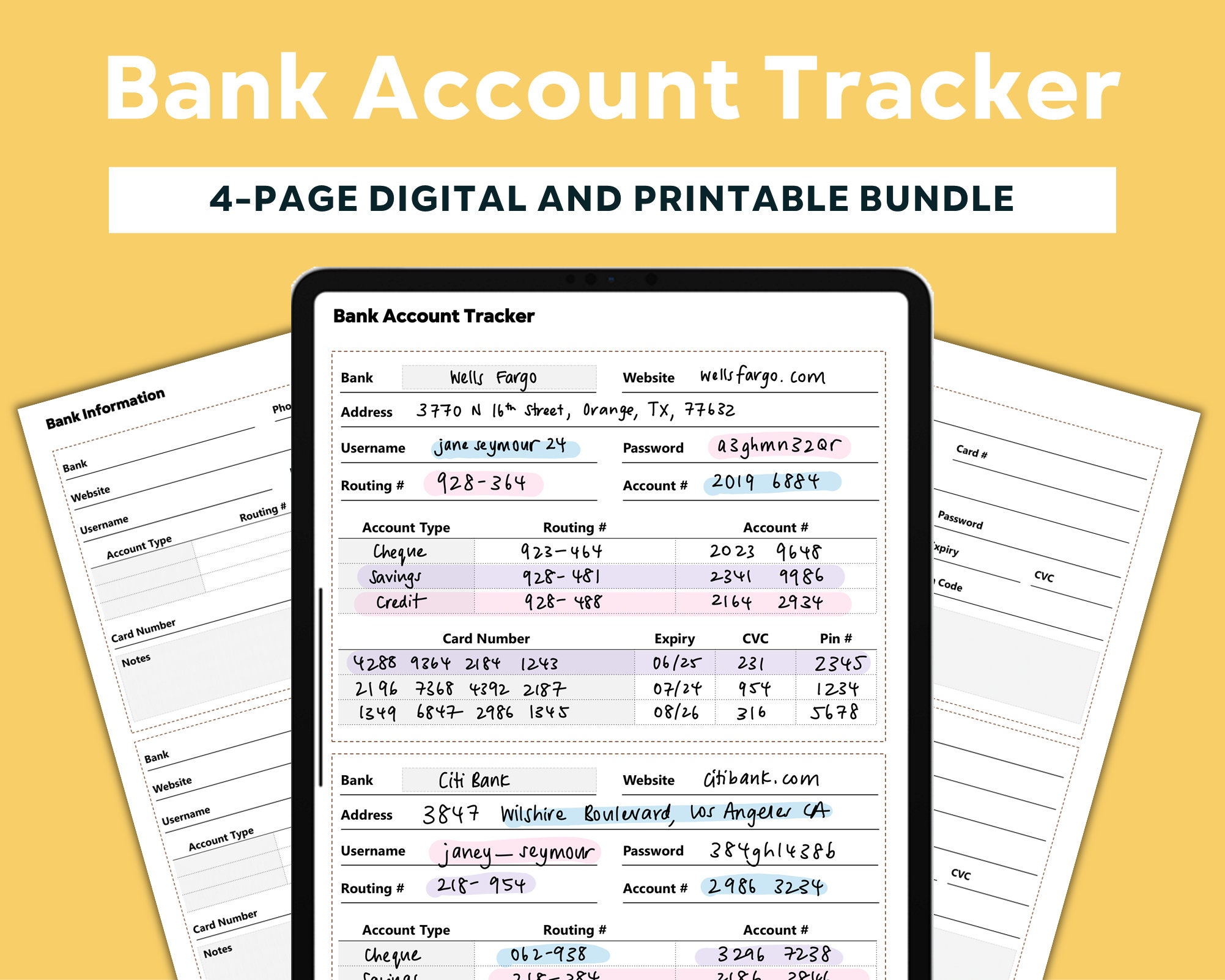 Printable Bank Account Information Tracker Credit Card Info | Etsy