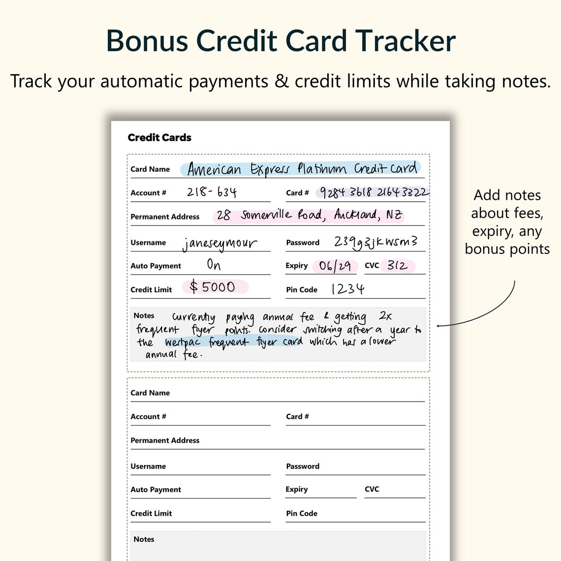 Printable Bank Account Information Tracker Credit Card Info | Etsy