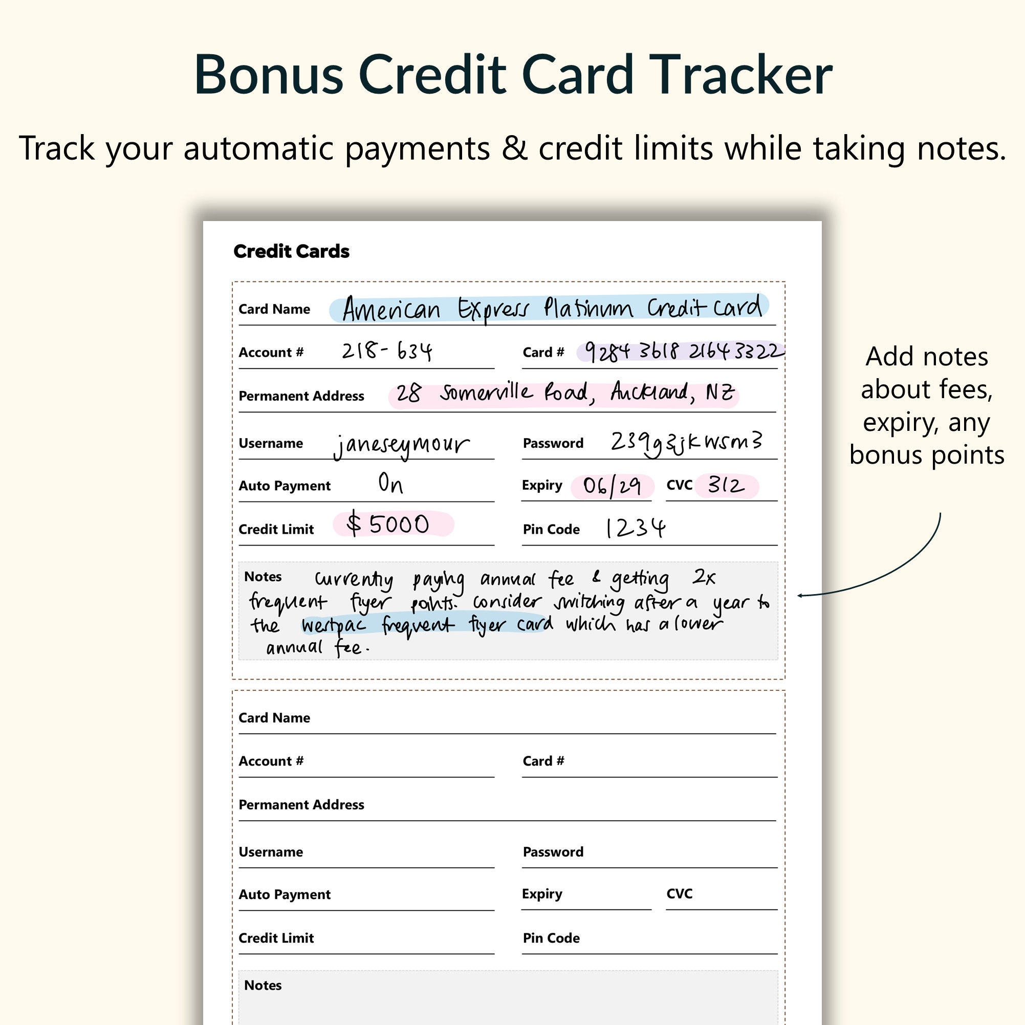 Printable Bank Account Information Tracker Credit Card Info | Etsy