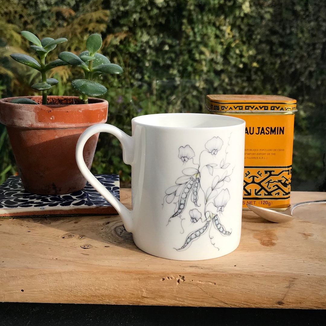 Trailing Pea Floral Illustrated Bone China Mug: Botanical Sweetpea Tea ...