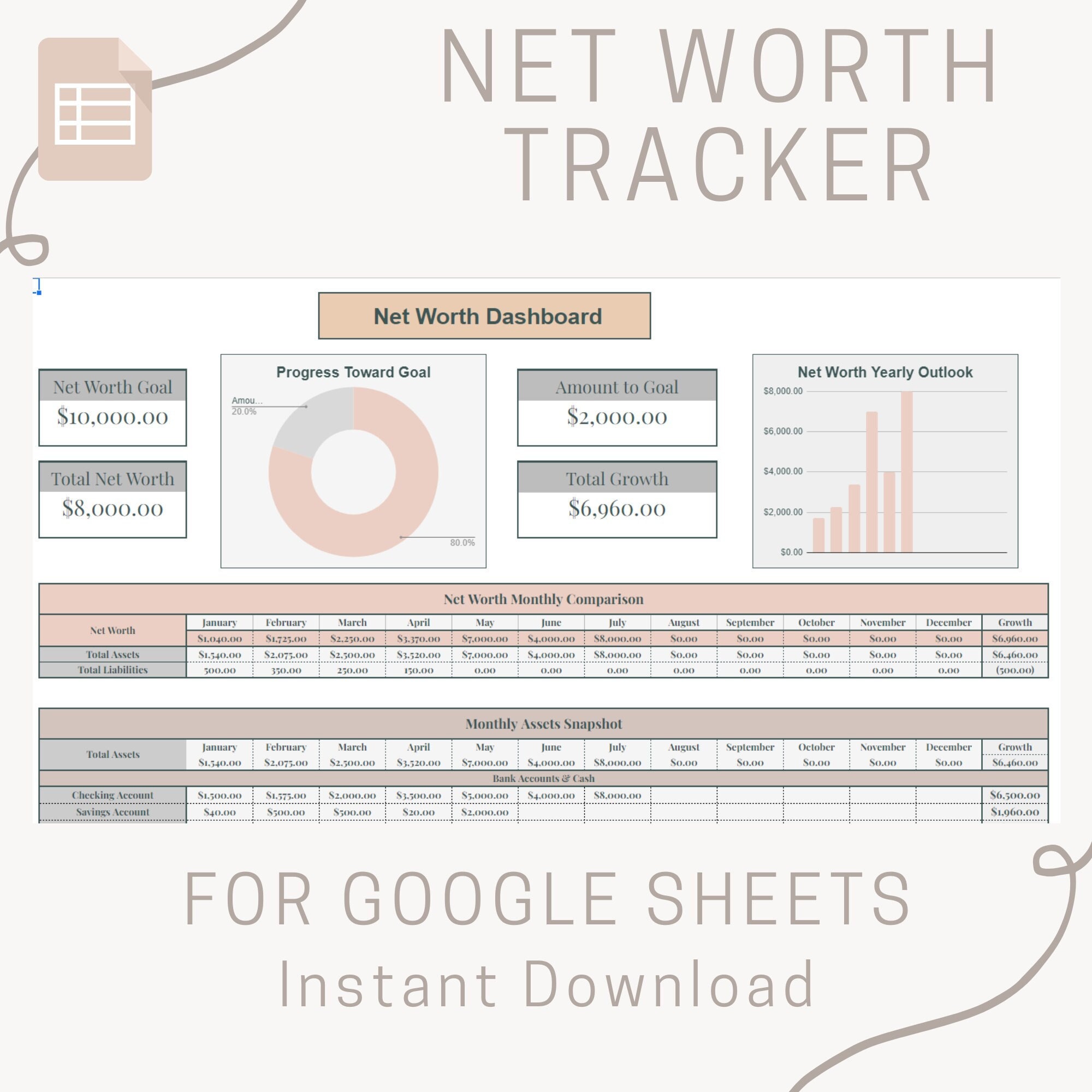 Net Worth Tracker Spreadsheet Template for Google Sheets, Personal ...