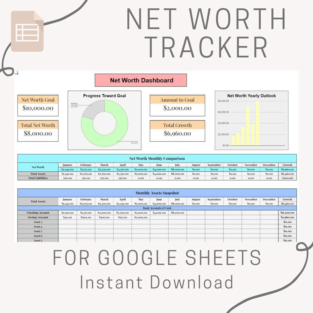 Net Worth Tracker Spreadsheet Template for Google Sheets, Personal ...