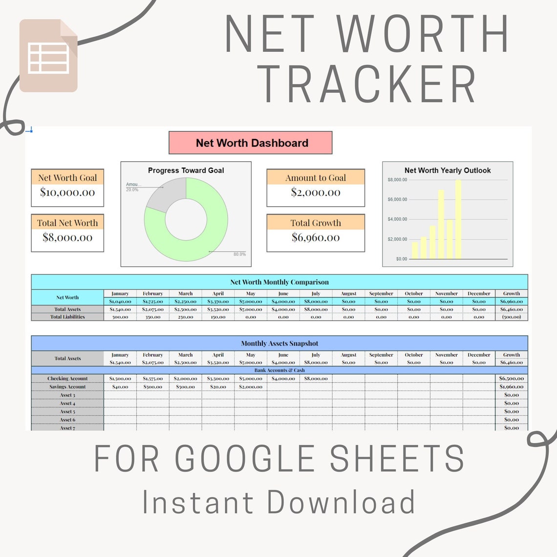 Net Worth Tracker Spreadsheet Template for Google Sheets, Personal ...