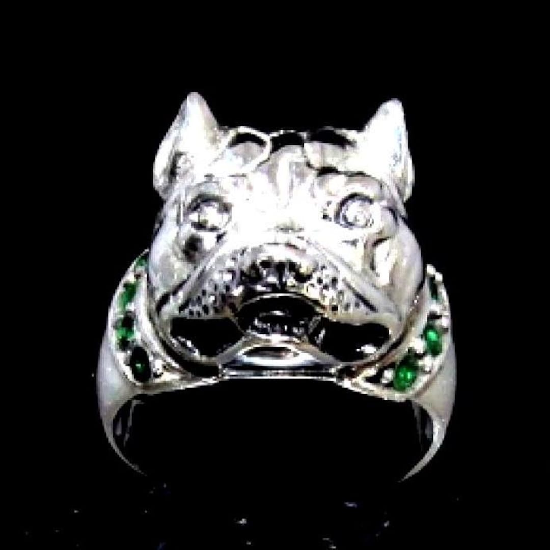 Sterling Silver Pit Bull Ring With Emerald CZ Collar - Etsy