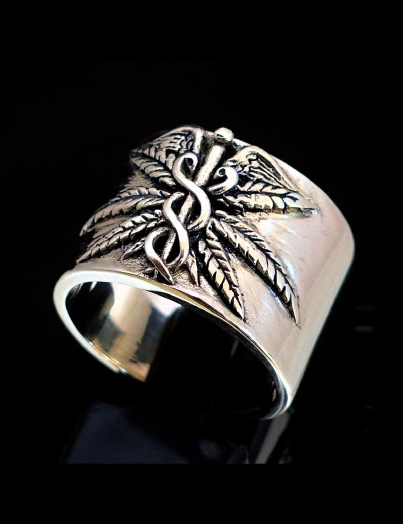 Sterling Silver Symbol Ring Caduceus With Marijuana Leaf Ganja - Etsy
