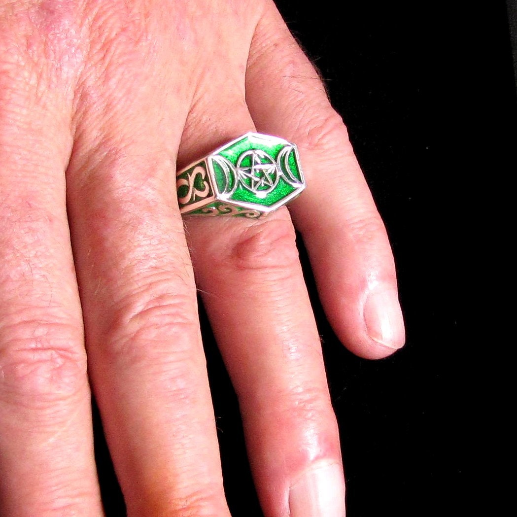 Sterling Silver Wicca Ring Triple Moon Pentagram Celtic Pagan - Etsy