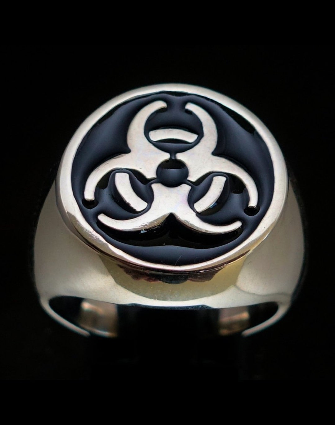 Sterling Silver Bio Hazard Symbol Ring Toxic Waste Warning With Black ...