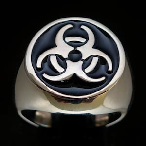 Sterling Silver Bio Hazard Symbol Ring Toxic Waste Warning With Black ...