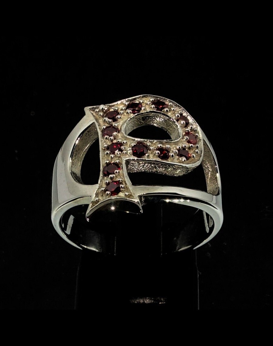 Sterling silver initial P ring with 12 Sparkling Red CZ stones | Etsy