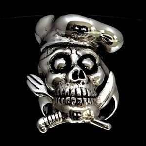 Sterling Silver Skull Ring Army Chef Cook With Beret on Crossed Knife ...