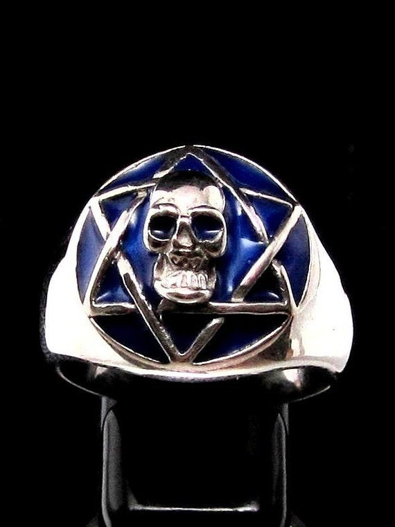 Sterling silver Occult ring Skull and Hexagram Star on Blue | Etsy