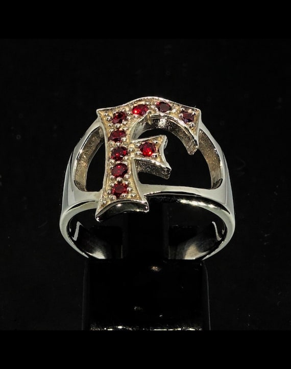 Sterling silver initial F ring with 9 Sparkling Red CZ stones | Etsy
