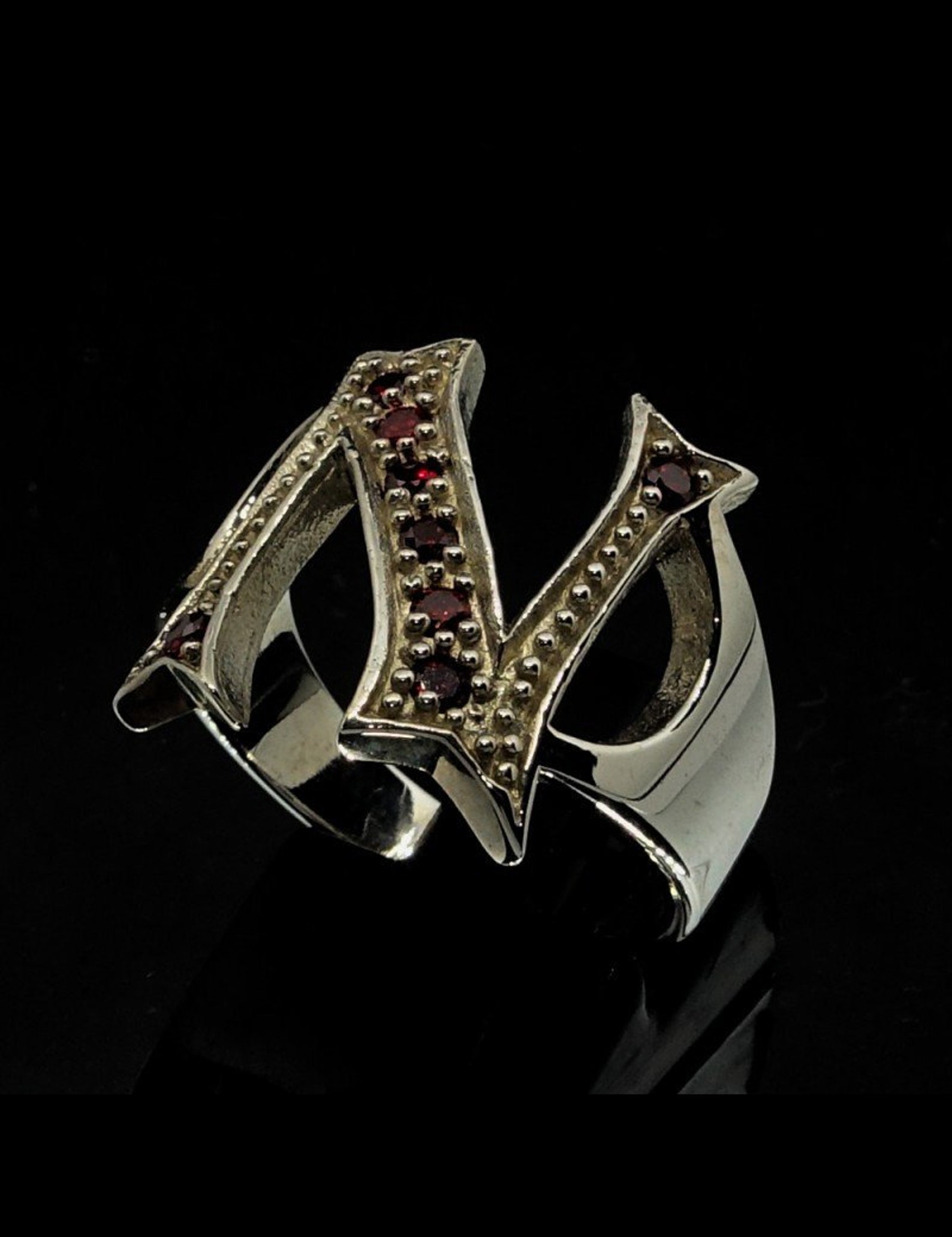 Sterling silver initial N ring with 8 Sparkling Red CZ stones | Etsy
