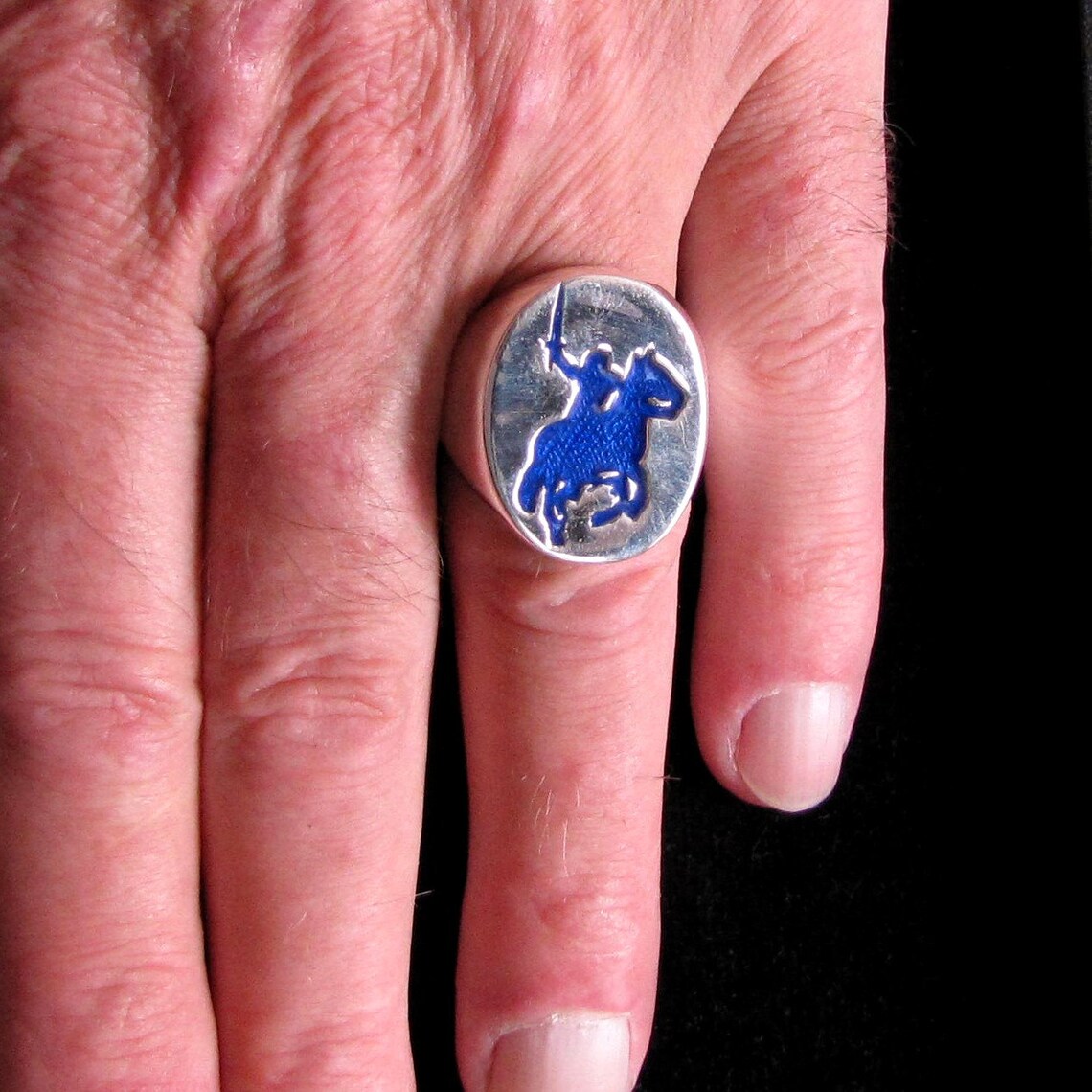 Oval Silver Men's Ring Medieval Knight on Horse With Black - Etsy
