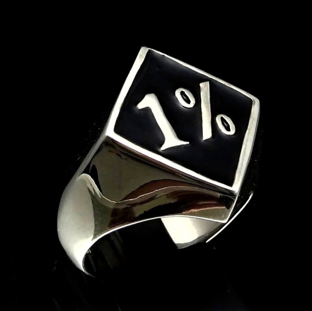 Sterling Silver Biker Ring One Percent Symbol on Black Enamel Diamond ...
