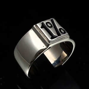 Sterling Silver Biker Ring One Percent Symbol in Black Enamel on Square ...