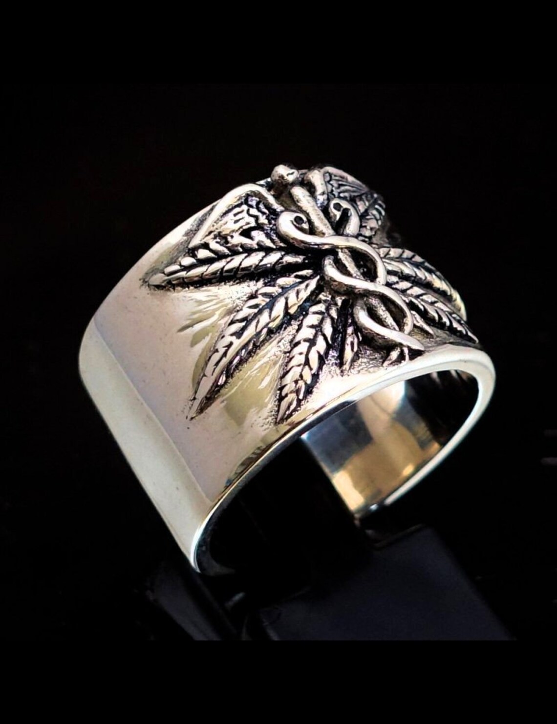 Sterling Silver Symbol Ring Caduceus With Marijuana Leaf Ganja - Etsy