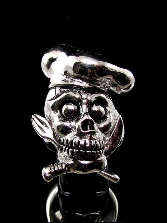 Sterling Silver Skull Ring Army Chef Cook With Beret on | Etsy