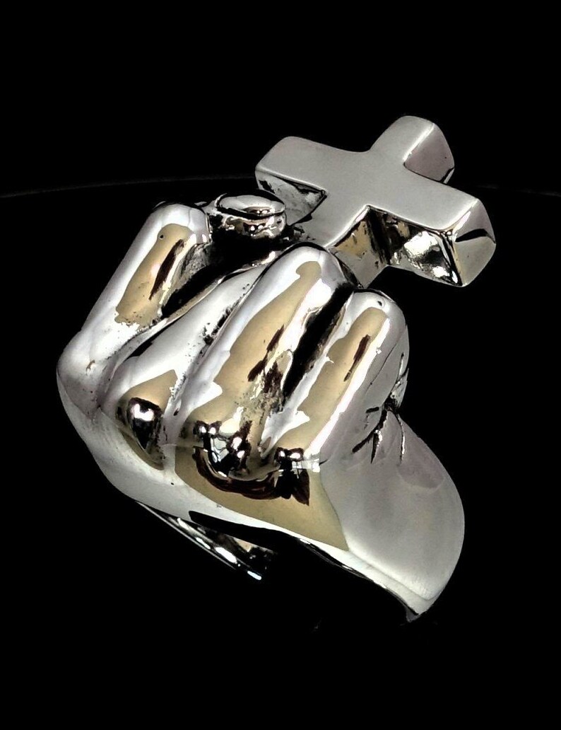 Big Sterling Silver Atheist Ring Fist With Cross as Middle - Etsy