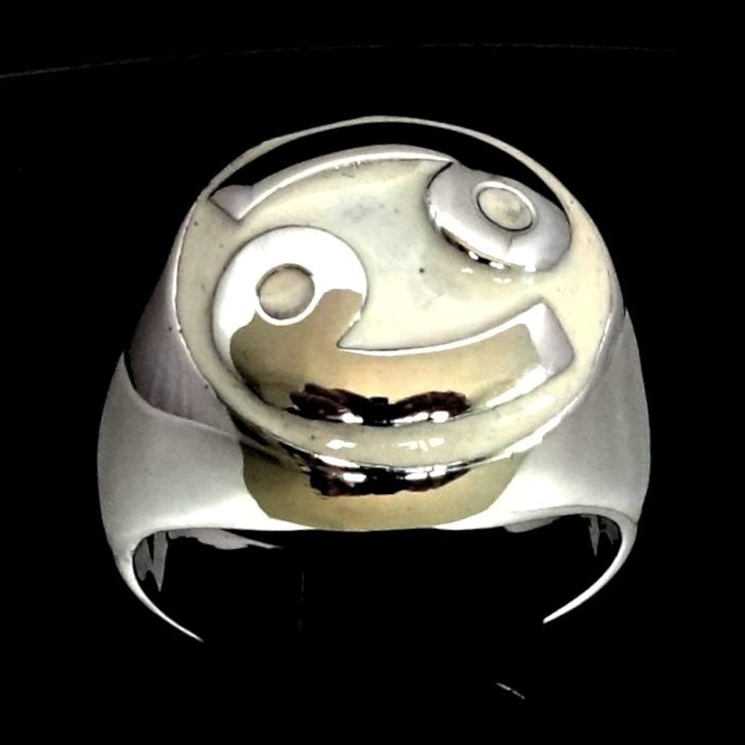 Sterling Silver Zodiac Ring Cancer 69 Symbol on White Enamel Dome Star ...