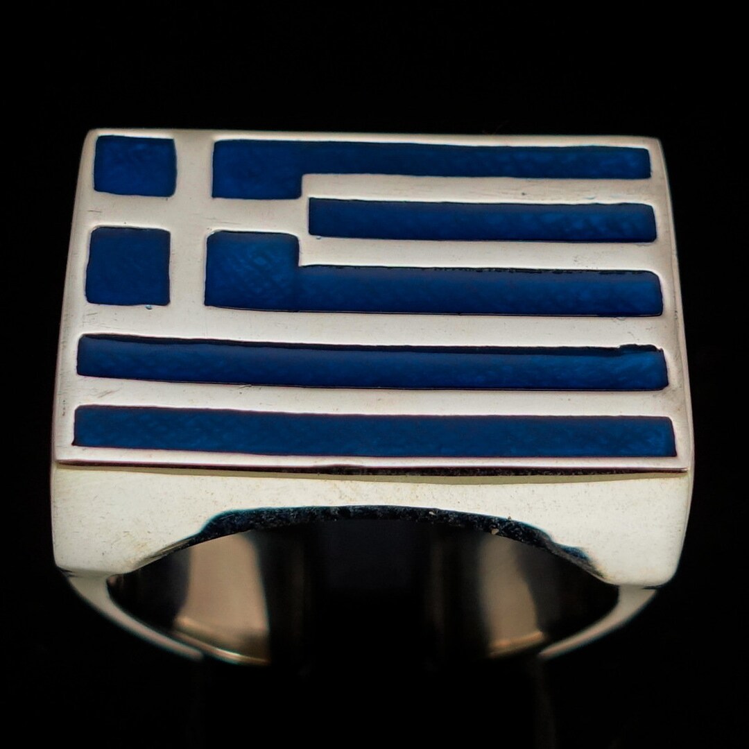 Sterling Silver Greek Flag Ring Greece With Blue Enamel High Polished ...