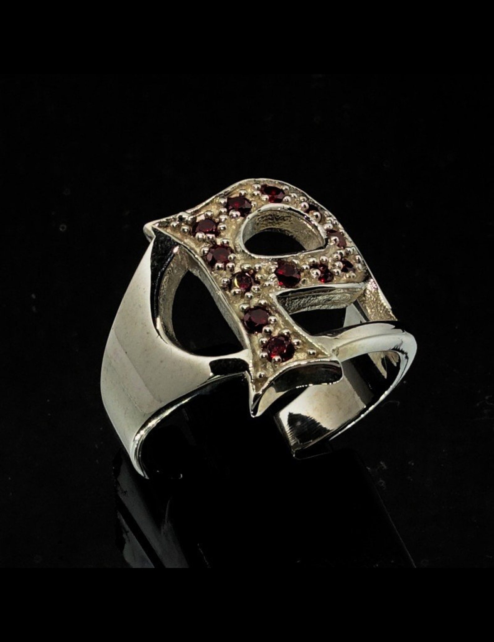 Sterling silver initial P ring with 12 Sparkling Red CZ stones | Etsy