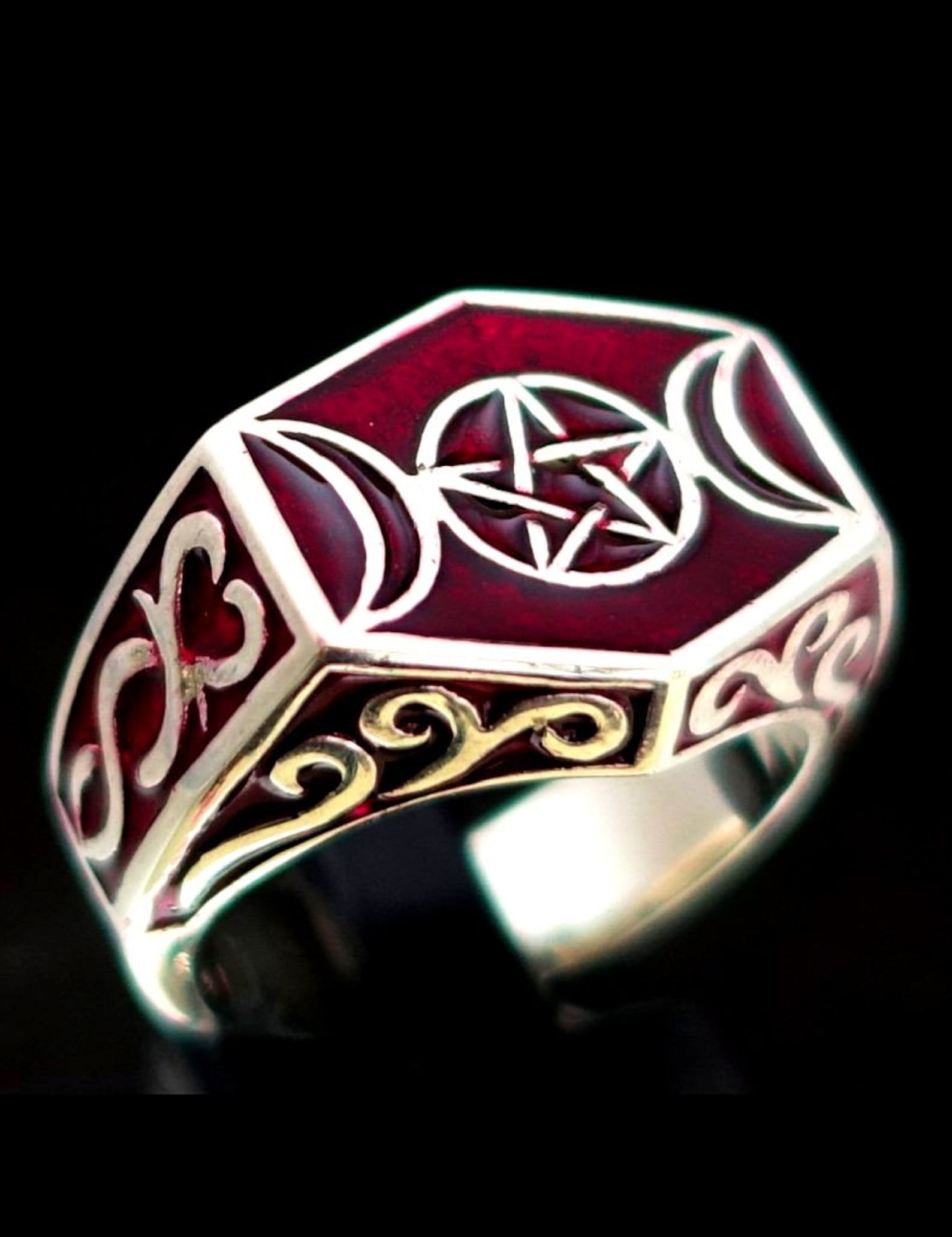 Sterling Silver Wicca Ring Triple Moon Pentagram Celtic Pagan - Etsy
