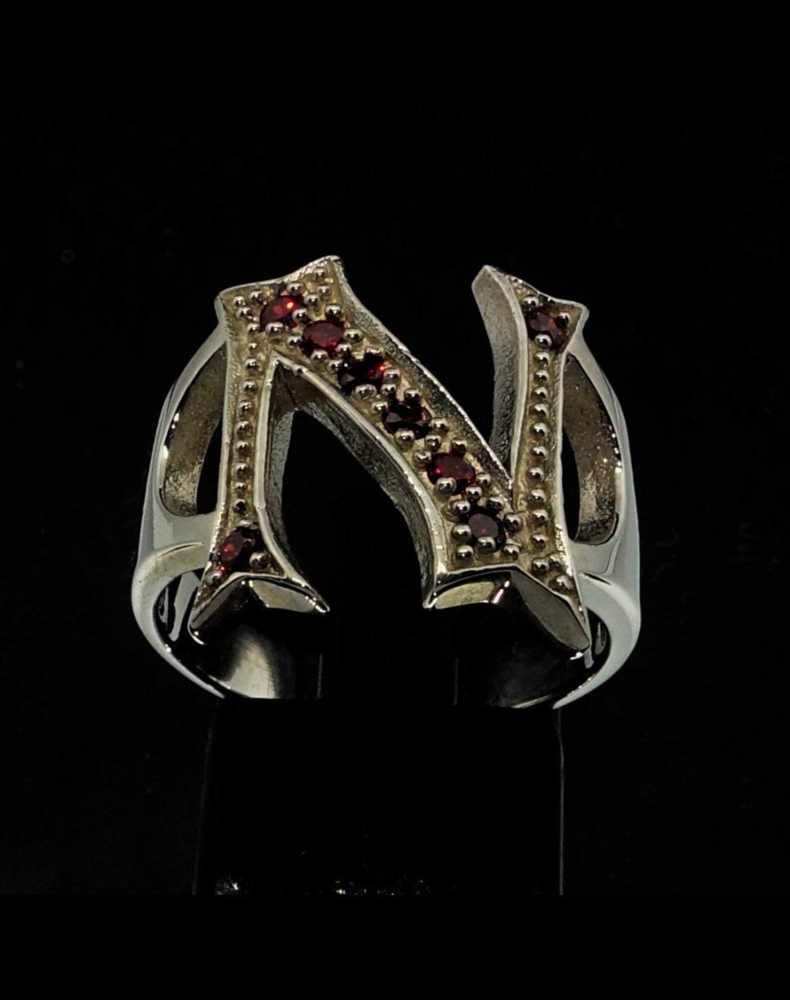 Sterling silver initial N ring with 8 Sparkling Red CZ stones | Etsy