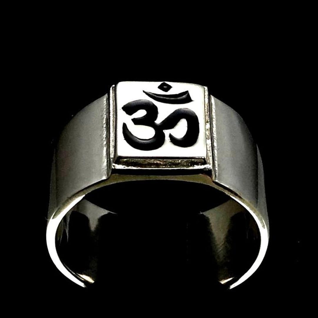 Sterling Silver Buddhist Ring Ohm Symbol Buddhism in Black Enamel on ...