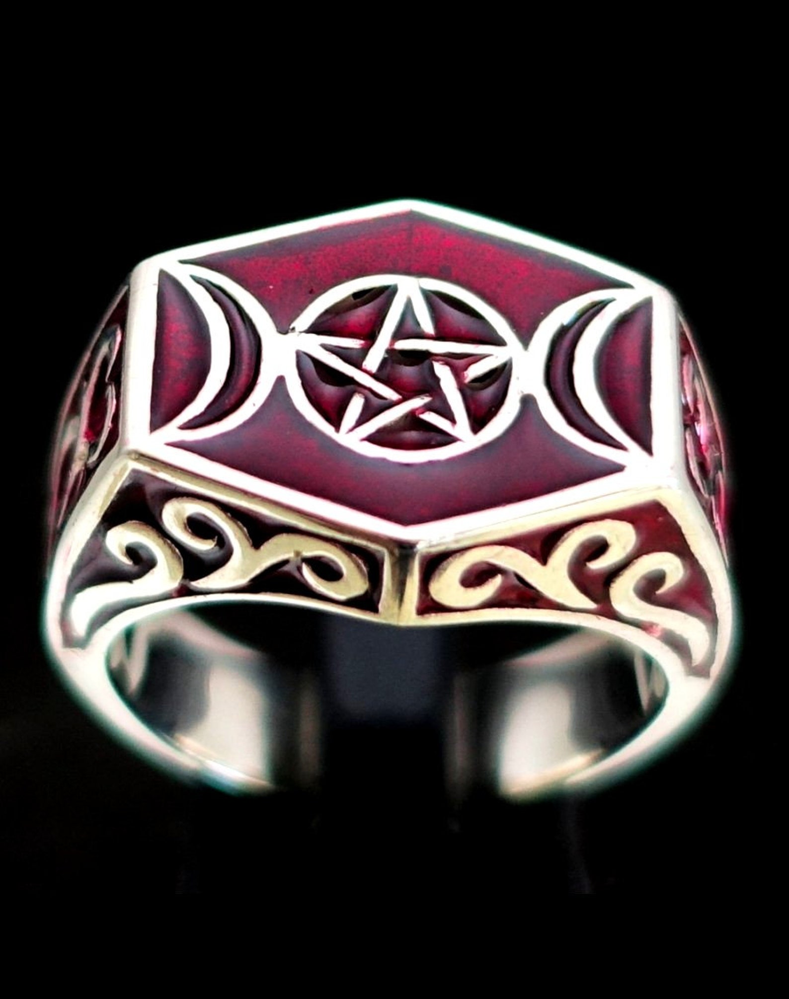 Sterling Silver Wicca Ring Triple Moon Pentagram Celtic Pagan - Etsy