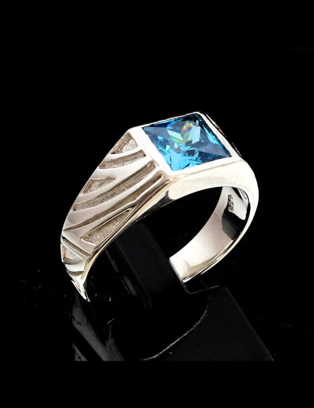 Classic Sterling Silver Men's Ring With a Stunning Princess Cut Blue CZ ...