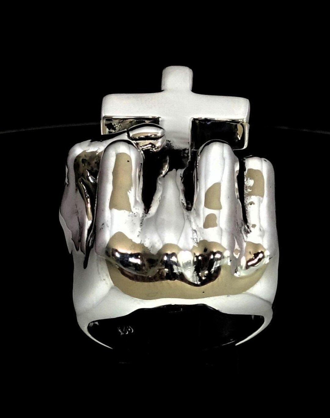 Big Sterling Silver Atheist Ring Fist With Cross as Middle Finger Anti ...