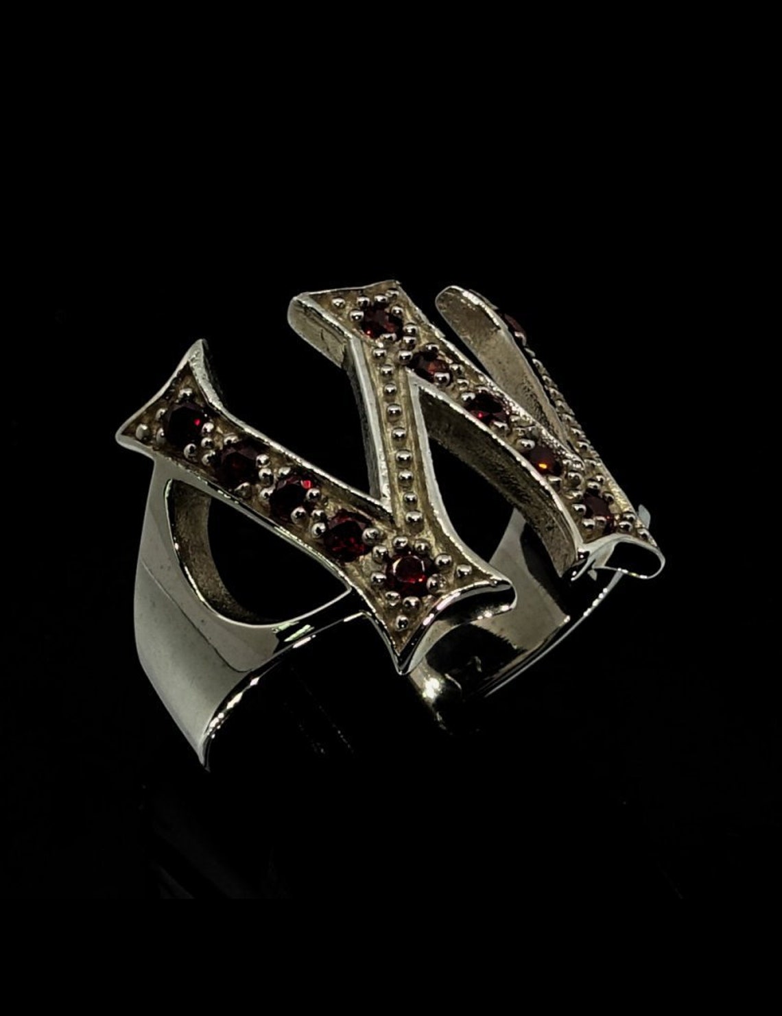 Sterling silver initial W ring with 11 Sparkling Red CZ stones | Etsy