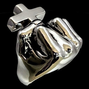 Big Sterling Silver Atheist Ring Fist With Cross as Middle Finger Anti ...