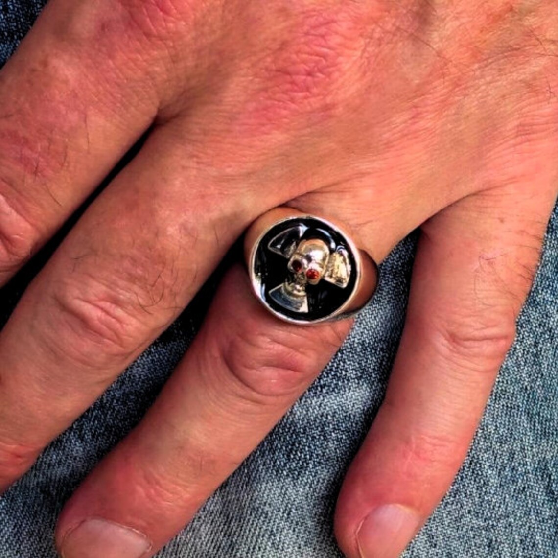 Sterling Silver Ring Radioactive Symbol Skull With 2 Red CZ Eyes on ...